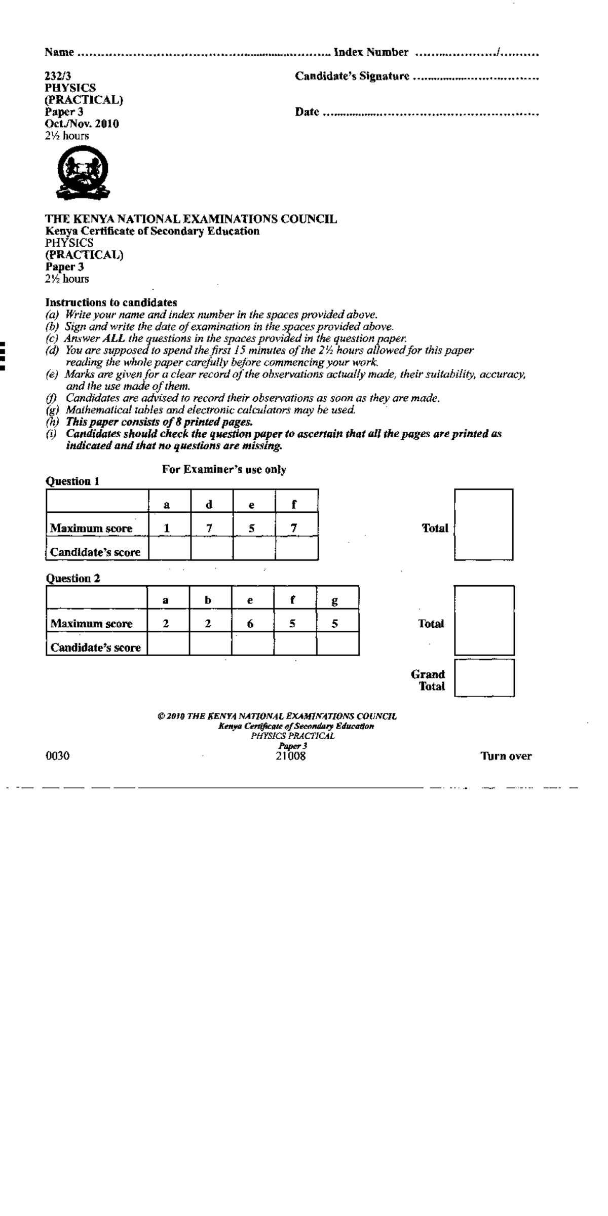 KCSE 2010 Physics (Practical) Paper 3 - internet technology - Studocu