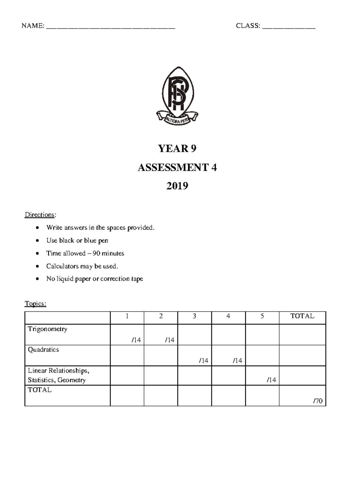 2019 Yr9 Assessment Task 4 Name