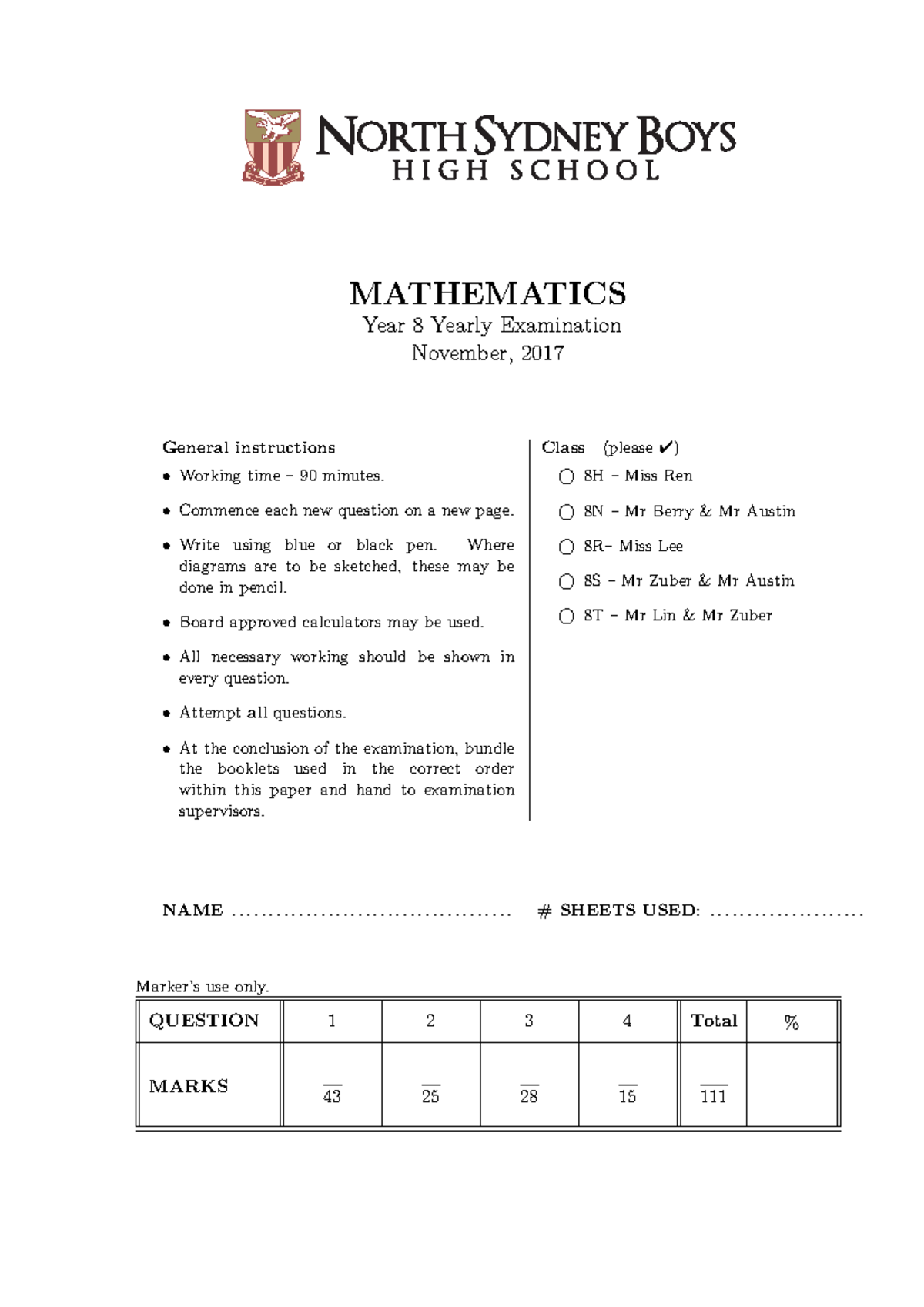 Yearly Past Paper 2017 - MATHEMATICS Year 8 Yearly Examination November ...