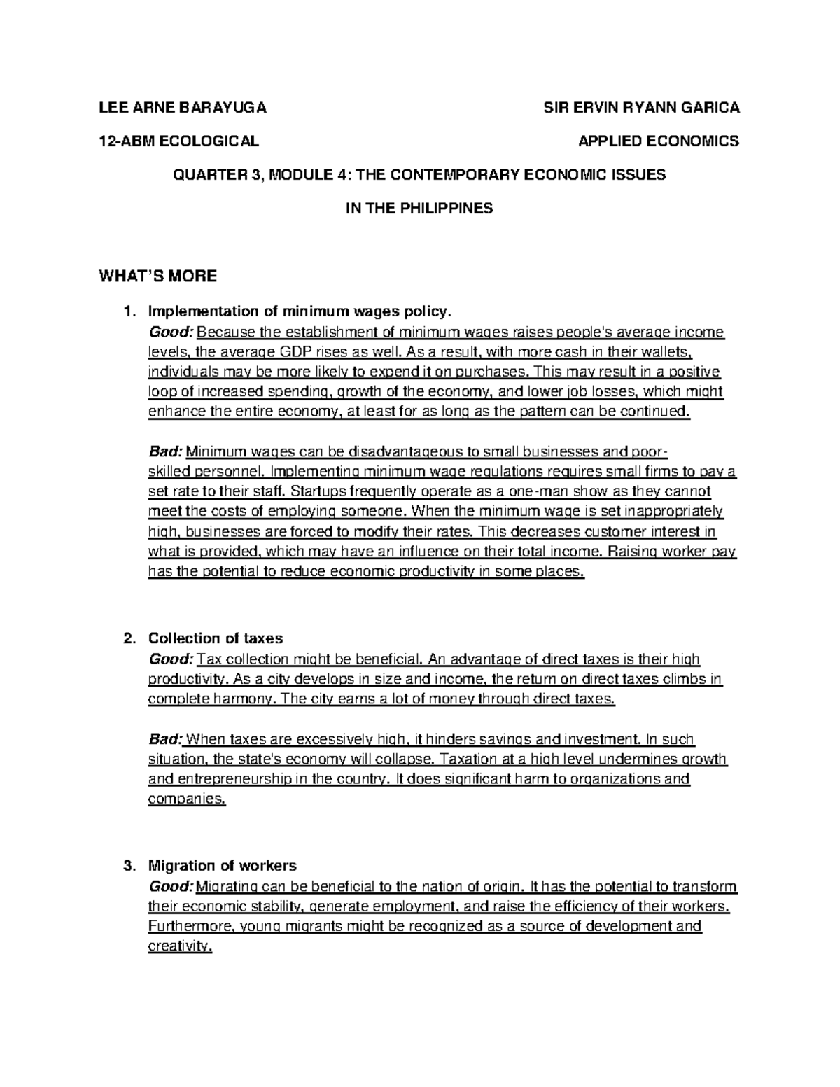 Applied economics Quarter 3, Module 4 THE Contemporary Economic Issues ...