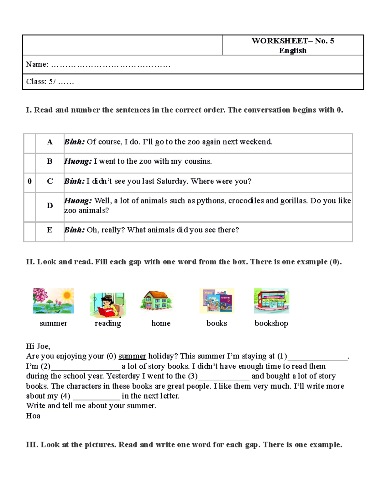 K5- Phieu BT SO 5 - aaaaaaaaaaaaaaaaaa - WORKSHEET– No. 5 English Name: - Studocu