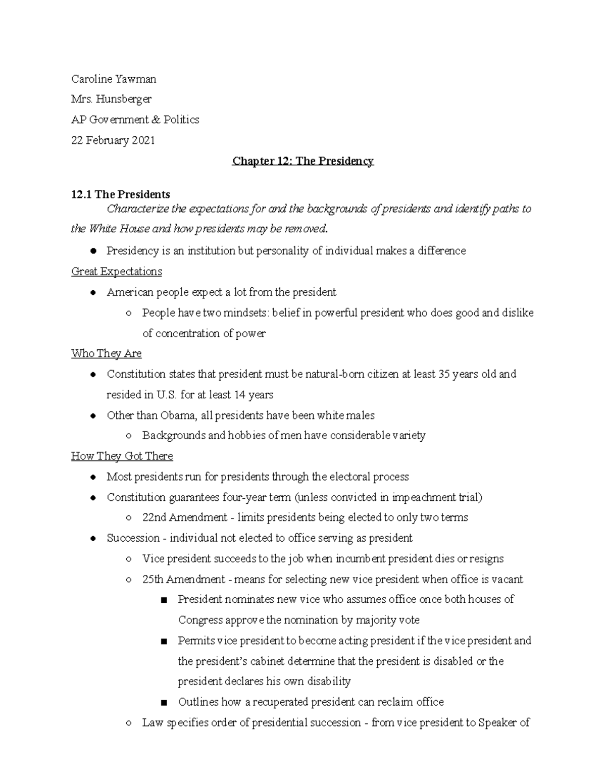 Textbook Chapter 12 Notes - Caroline Yawman Mrs. Hunsberger AP ...