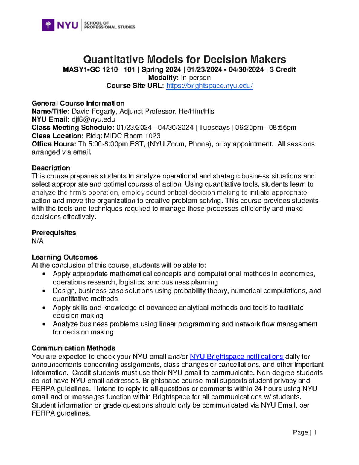 Fogarty MASY1-GC1210 Quantitative Models for Decision Makers Spring ...