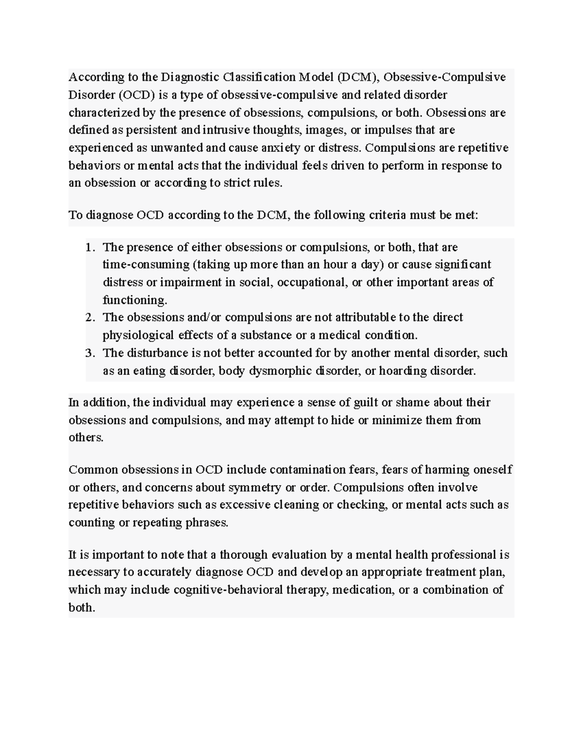 Diagnosing- Obsessive compulsive disorder - According to the Diagnostic ...