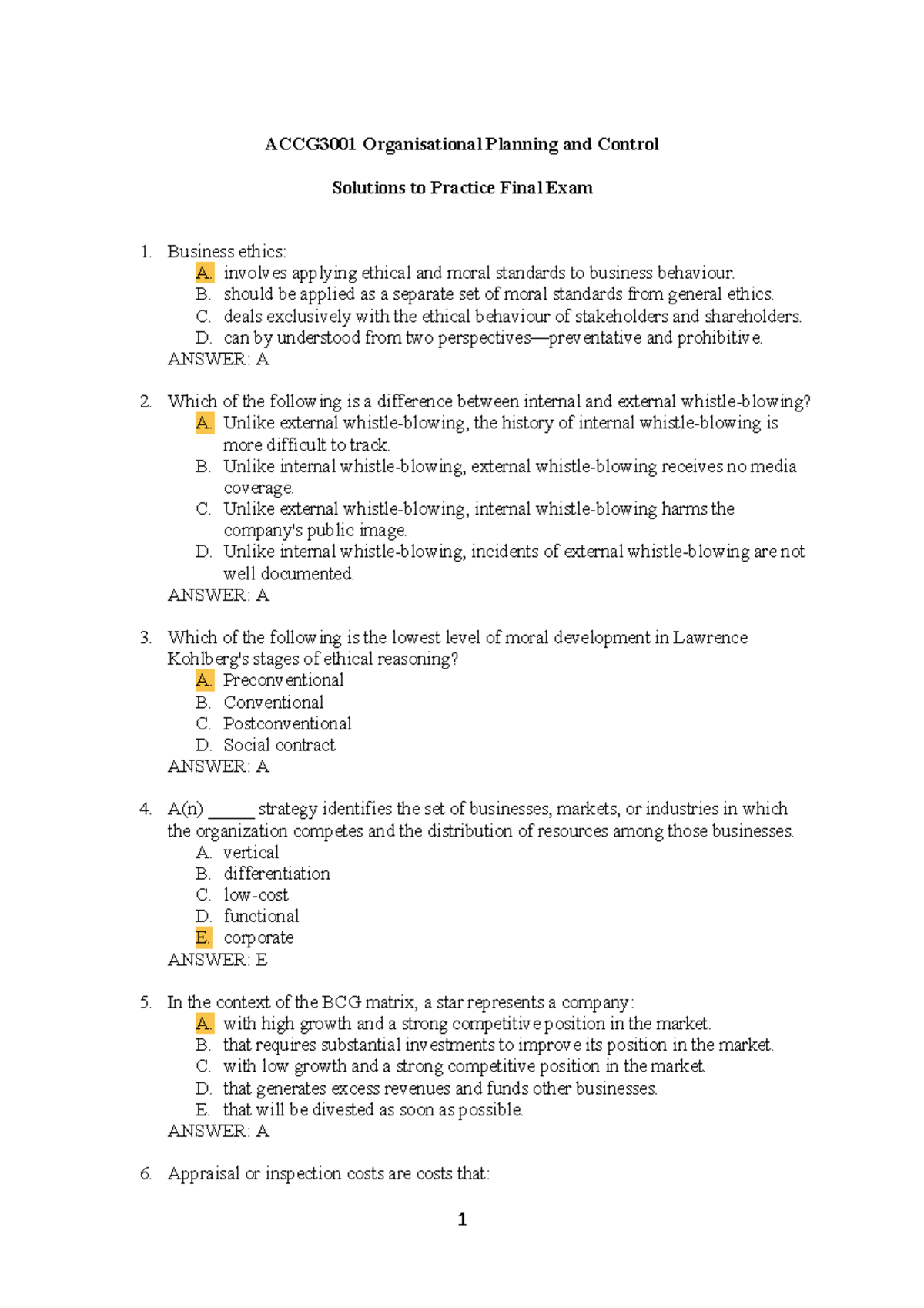Practice Exam Questions - ACCG3001 Organisational Planning and Control ...