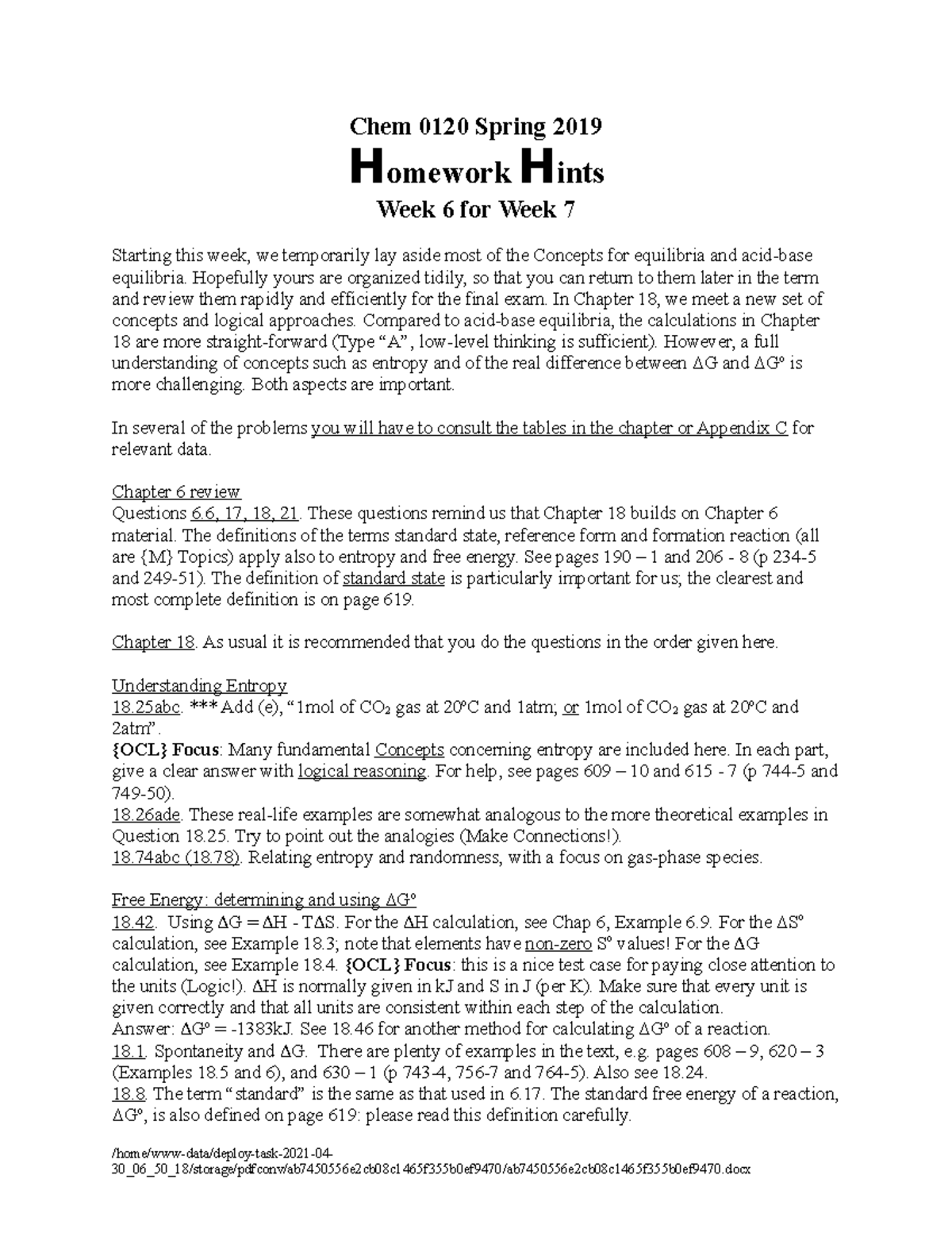 Week 6 Homework hints - Chem 0120 Spring 2019 Homework Hints Week 6 for ...