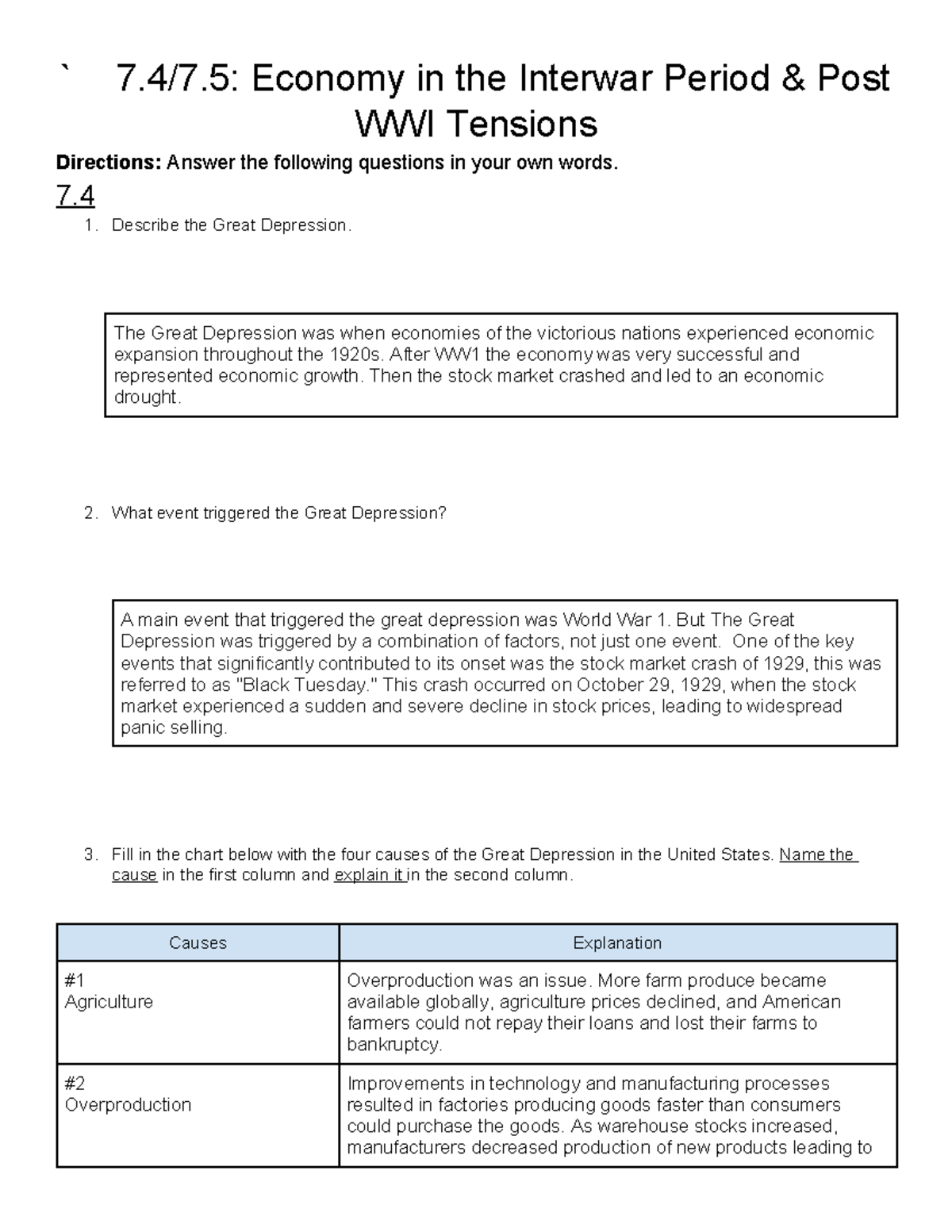 7.5 Economy in the Interwar Period & Post WWI Tensions - ` 7.4/7 ...