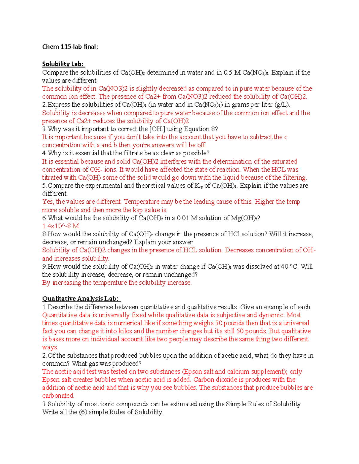 Chem 115 lab review - Chem 115-lab final: Solubility Lab: Compare the solubilities of Ca(OH) 2 ...