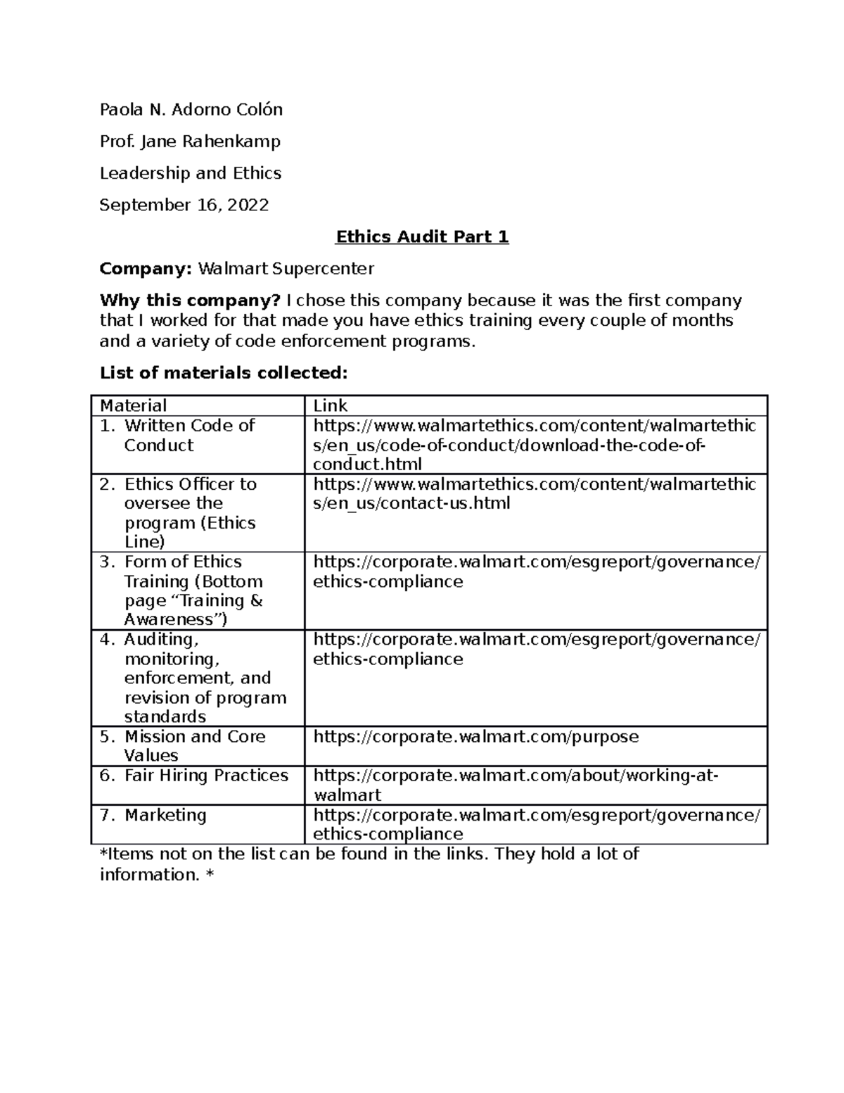 Ethics audit part 1 - We had to find a company that had an ethical code ...