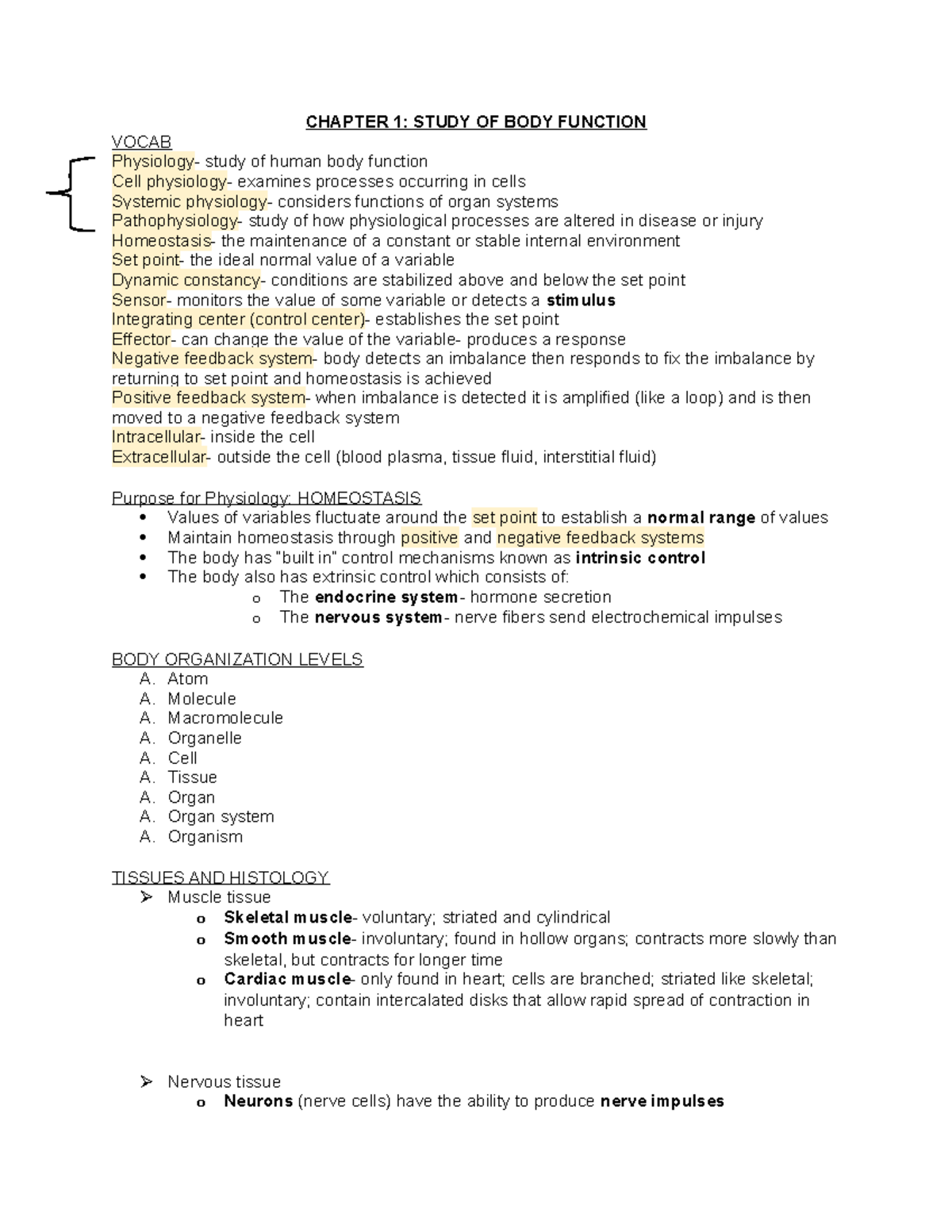 Chapter 1 - Physiology - CHAPTER 1: STUDY OF BODY FUNCTION VOCAB ...