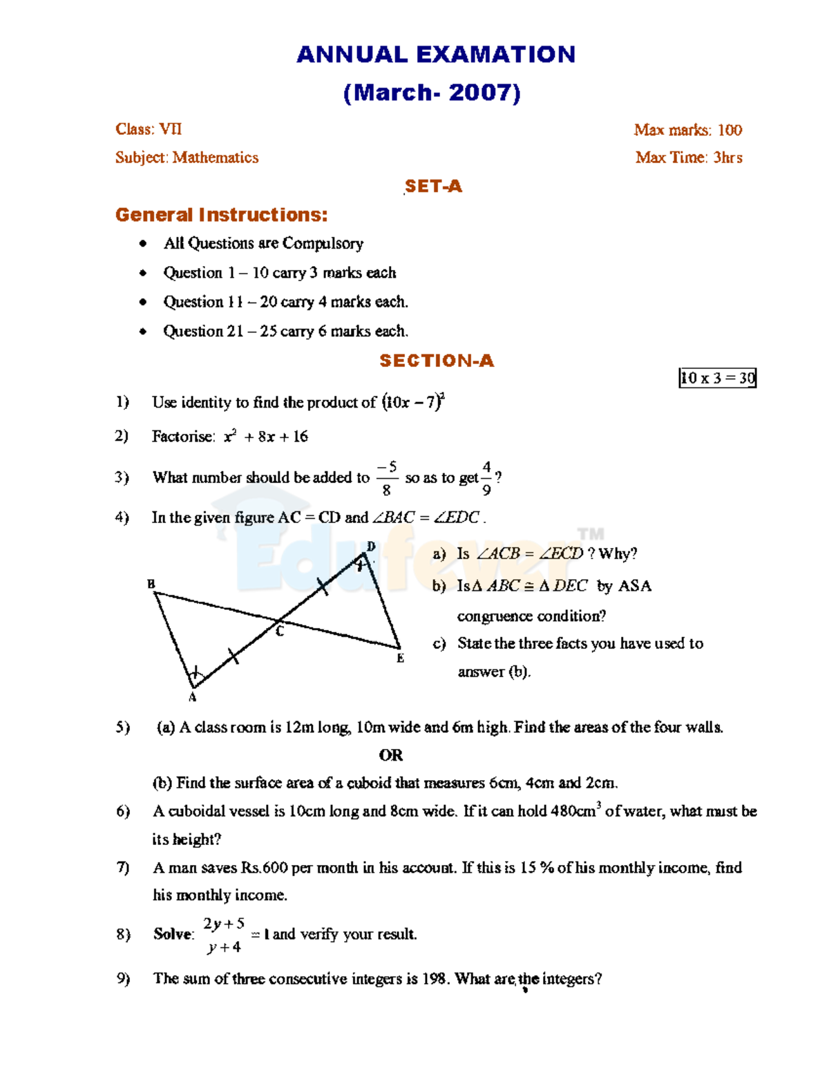Class 7 Mathematics Set 1 - ANNUAL EXAMATION (March- 2007) Max marks ...