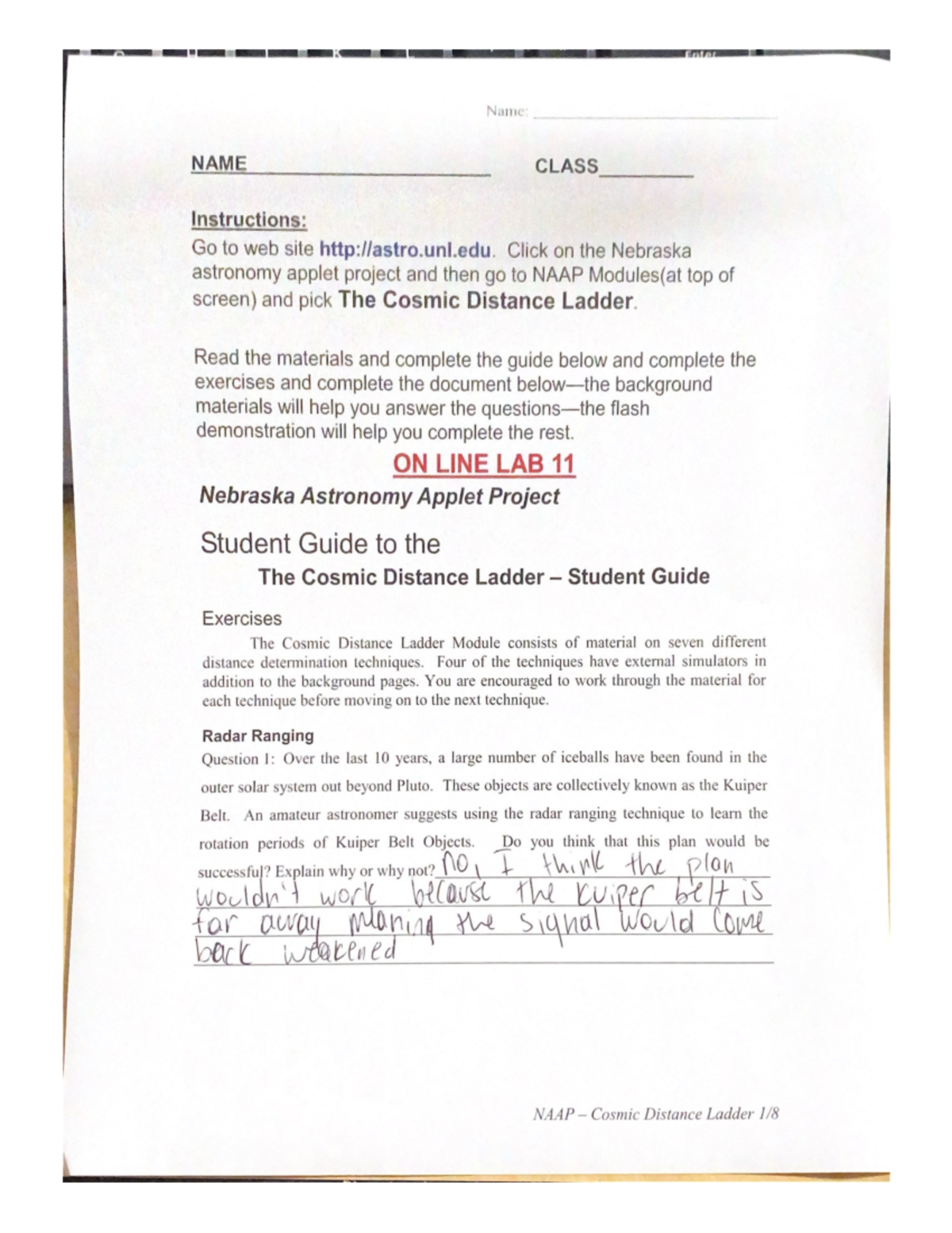 Cosmic Ladder - Name: NAME CLASS Instructions: Go to web site Click on the Nebraska astronomy ...