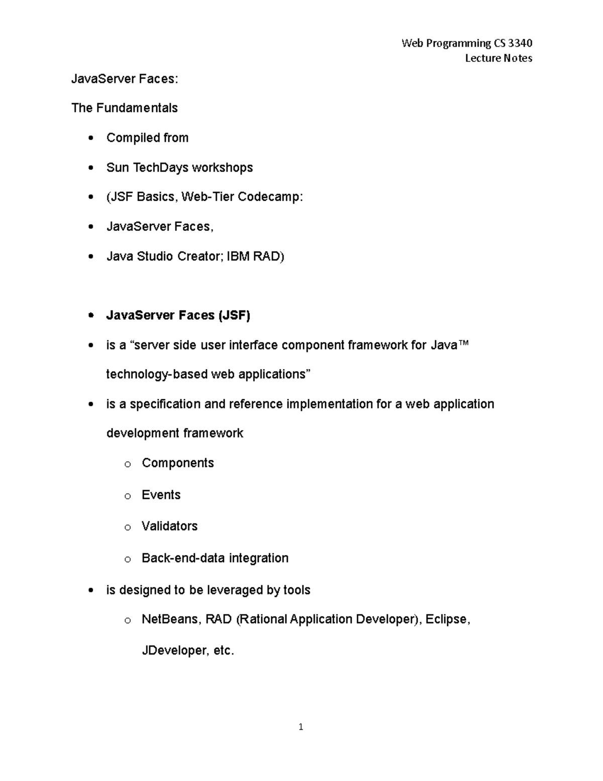 2021 Web Programming Cs 3340 Lecture Notes Java Faces Javaserver