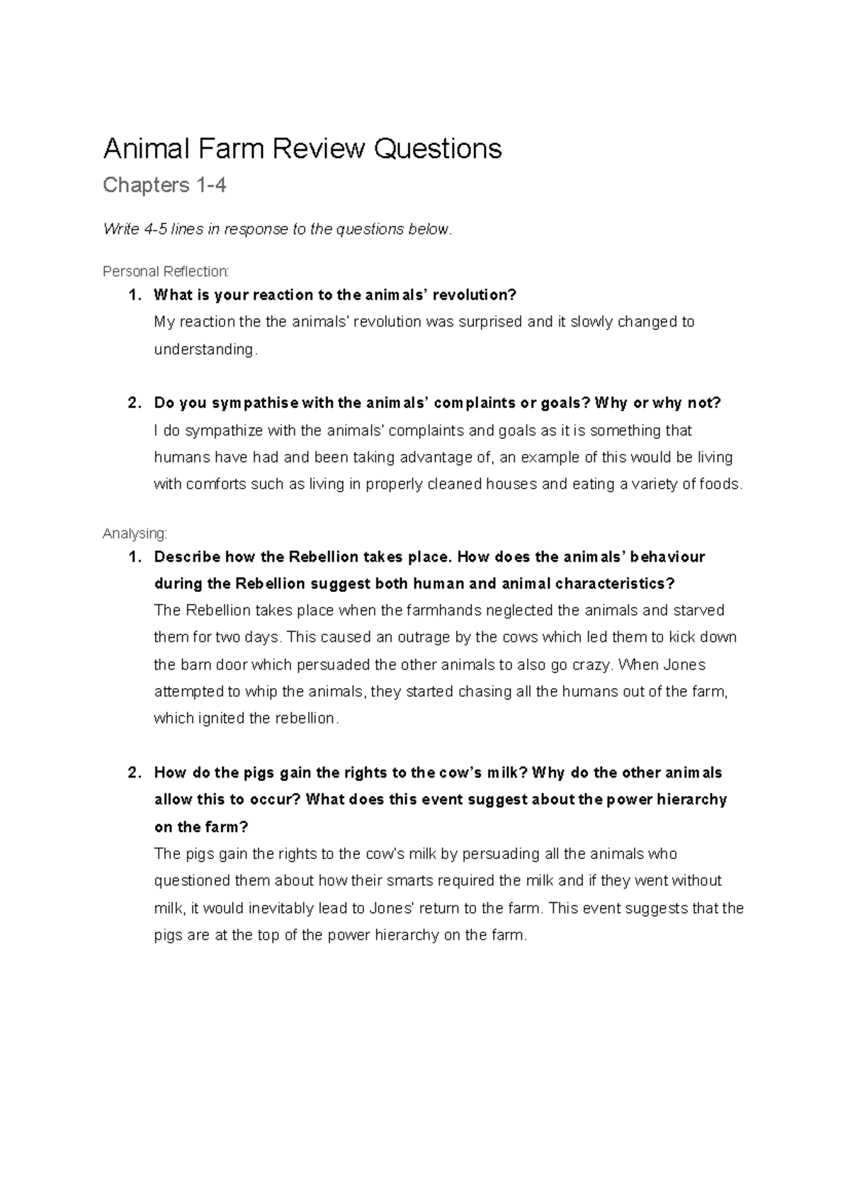 Animal Farm Review Questions - Animal Farm Review Questions Chapters 1 ...