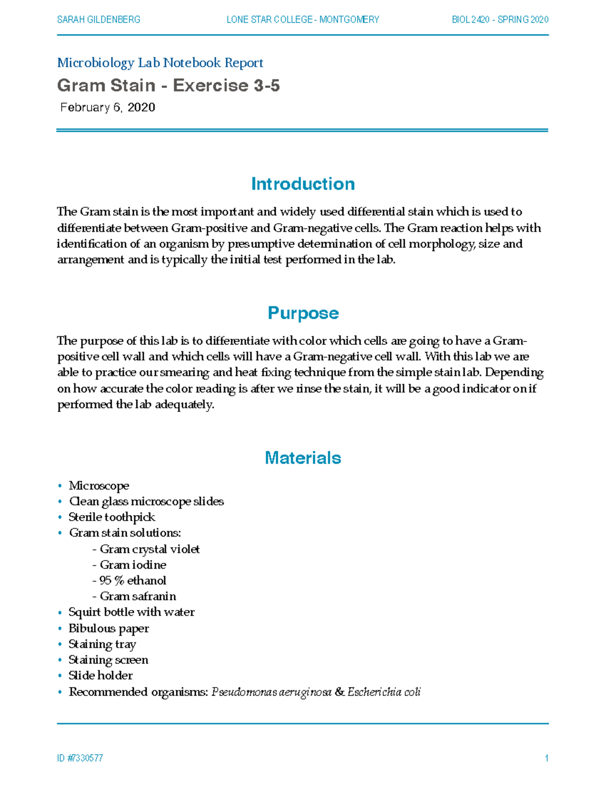 Complete Gram Stain Lab Microbiology Lab Notebook Report Gram Stain