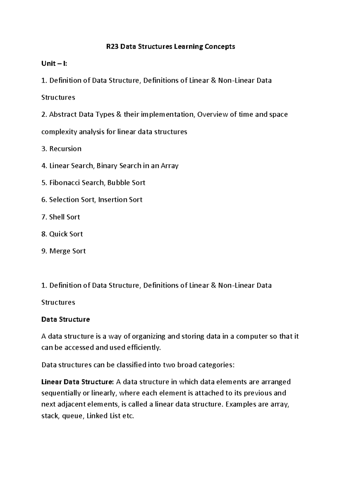 DS unit-I - R23 Data Structures Learning Concepts Unit – I: 1. Definition of Data Structure ...