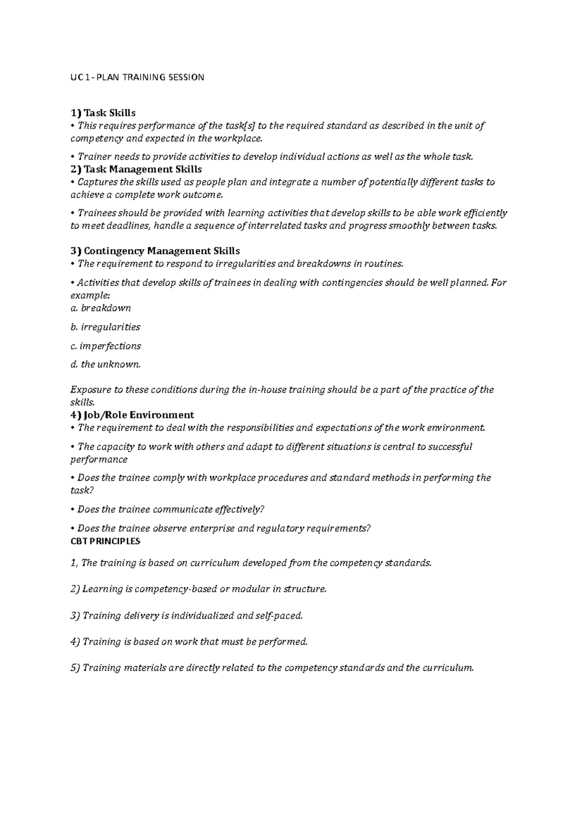 UC 1 - n/a - UC 1- PLAN TRAINING SESSION Task Skills This requires performance of the task[s] to ...