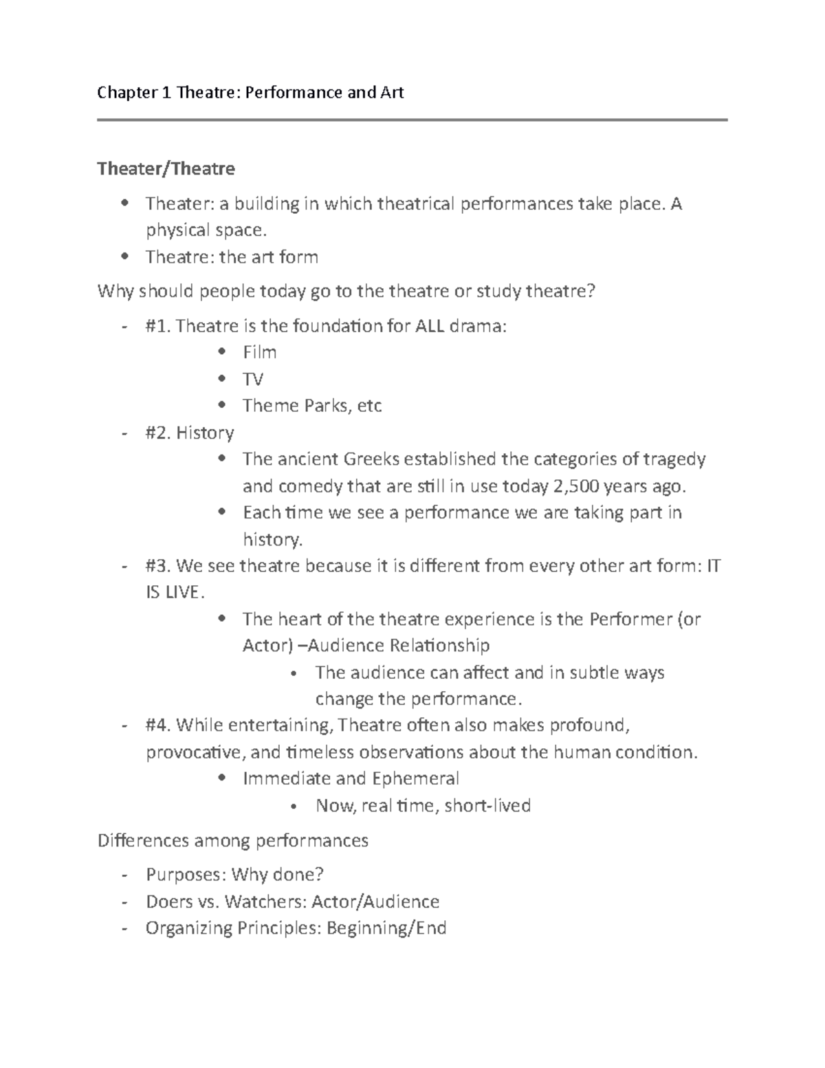 Chapter 1 Theatre Notes - Chapter 1 Theatre: Performance and Art ...