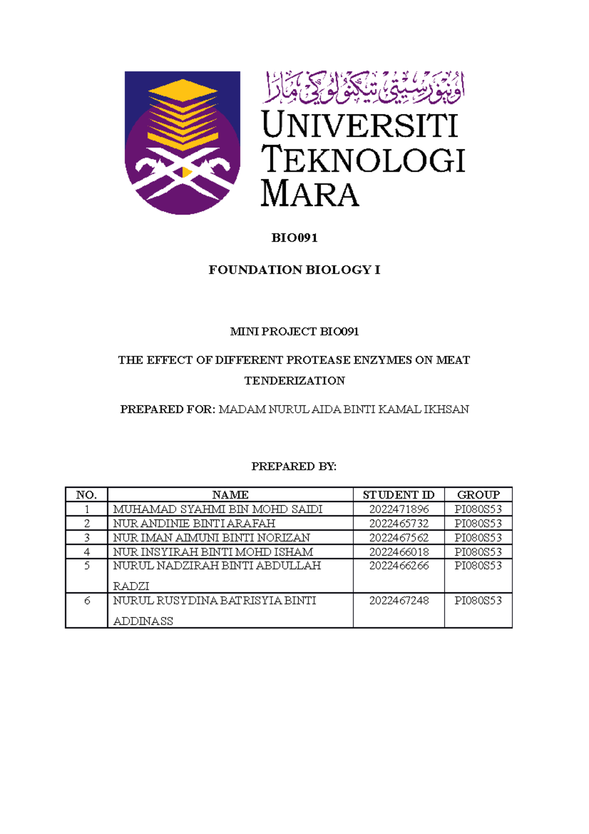 LAB Report MNI Project Biology - BIO FOUNDATION BIOLOGY I MINI PROJECT ...