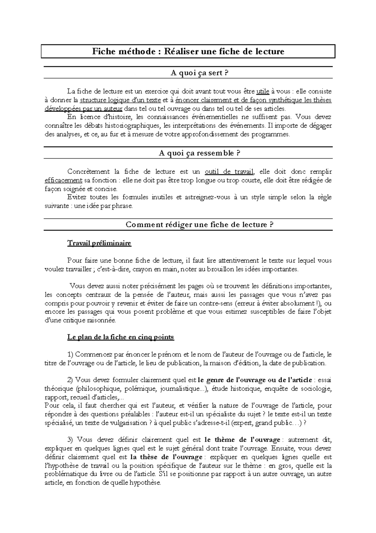 Fiche méthode fiche de lecture - - Studocu