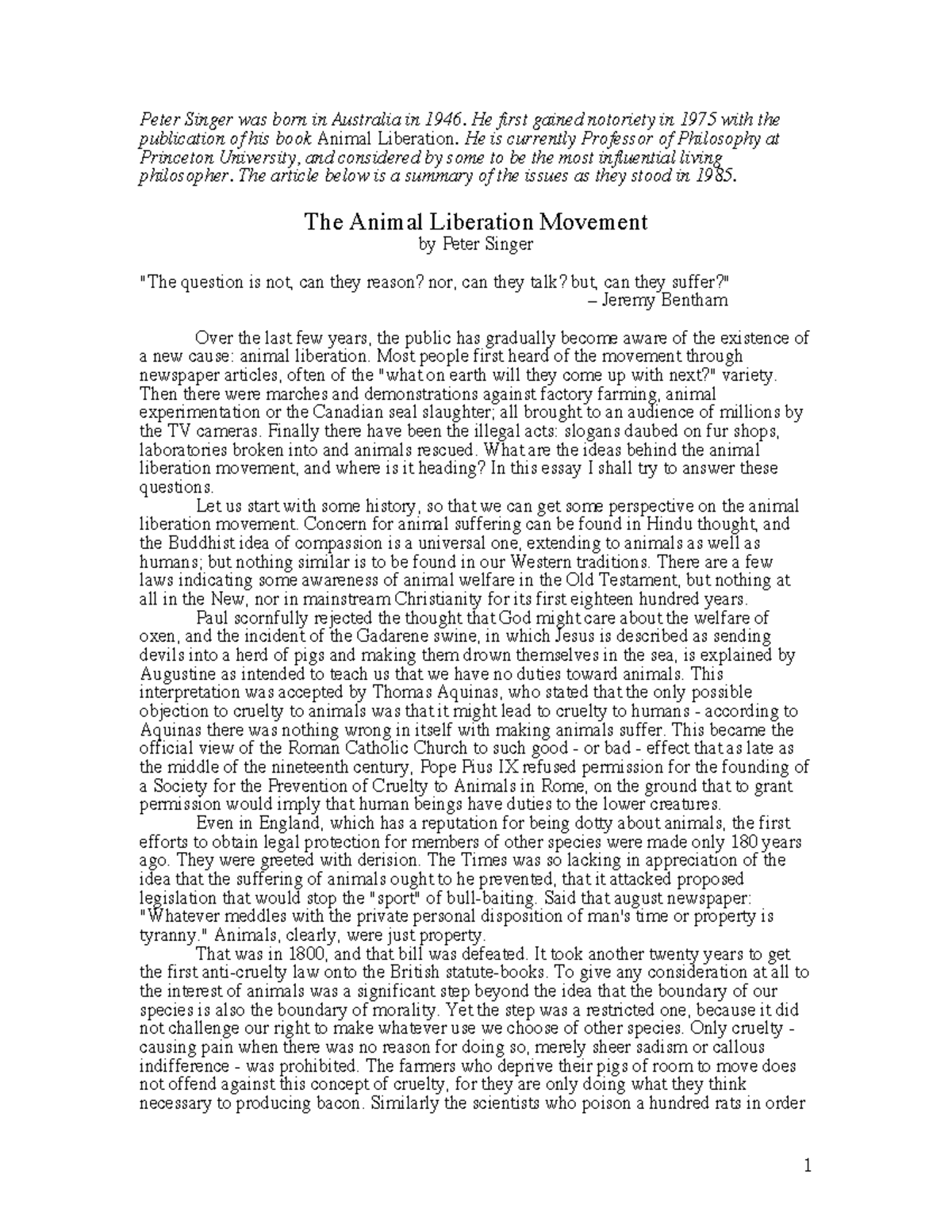 Peter Singer Animal Liberation - Peter Singer was born in Australia in ...