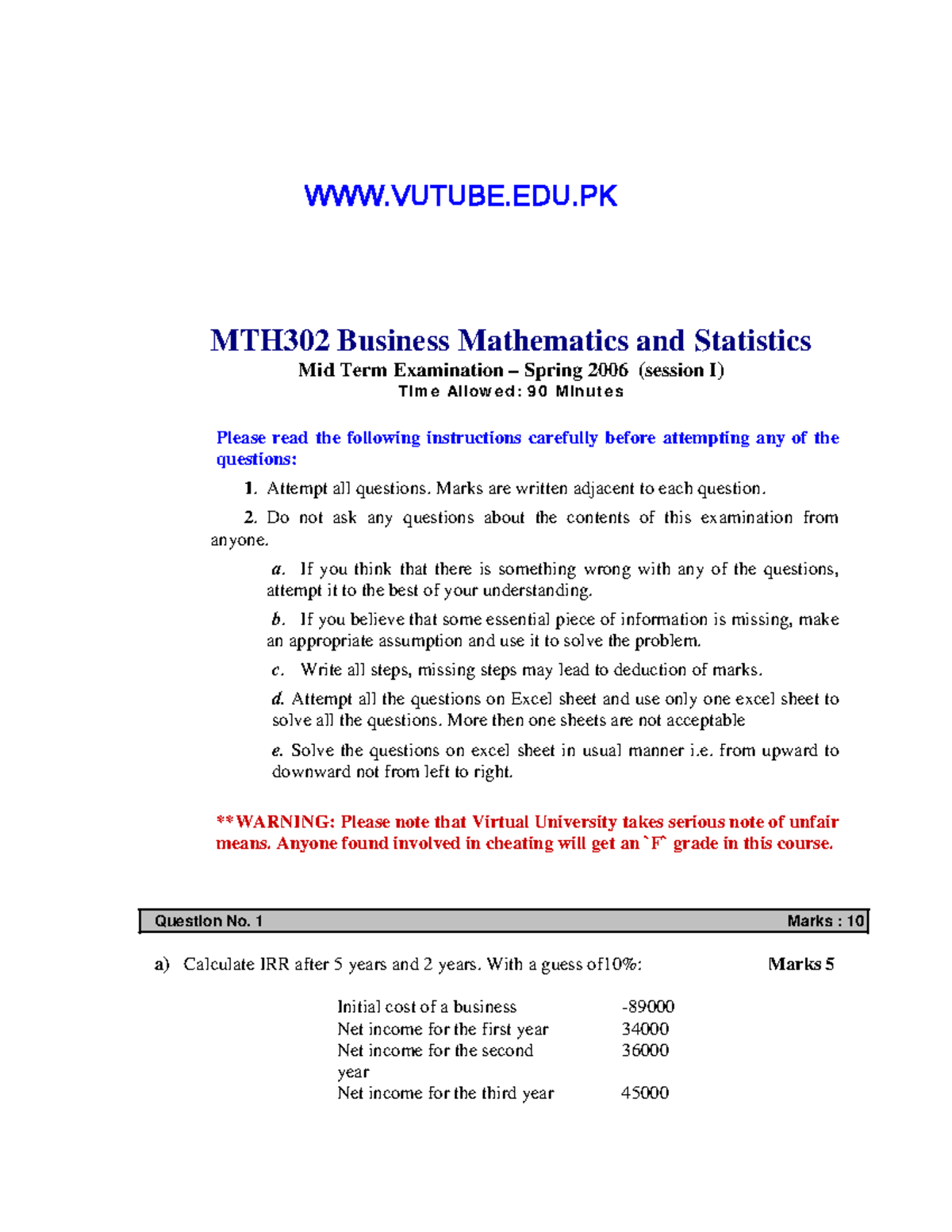 MTH302 Spring 2006 Mid Term Paper Session 2 - Anjum Habib Anjum_habib1@hotmail BC040200614@yahoo ...