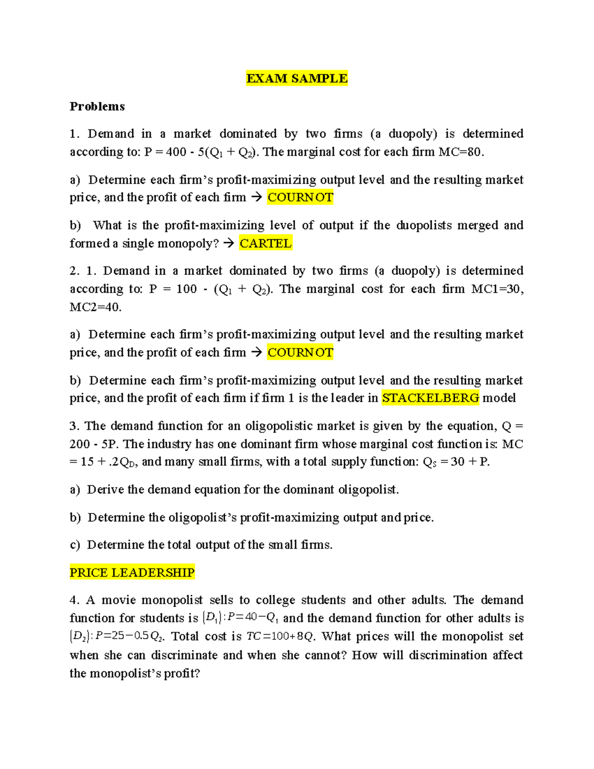Micro 2 Problem Sample - EXAM SAMPLE Problems Demand in a market ...