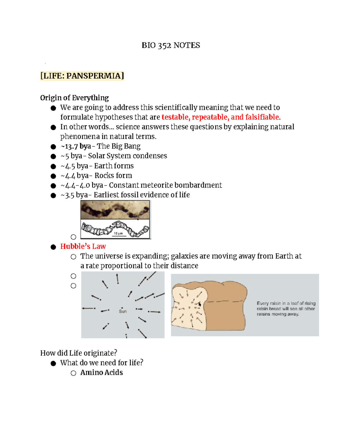 BIO 352 Notes #4 - BIO 352 NOTES [LIFE: PANSPERMIA] Origin of ...