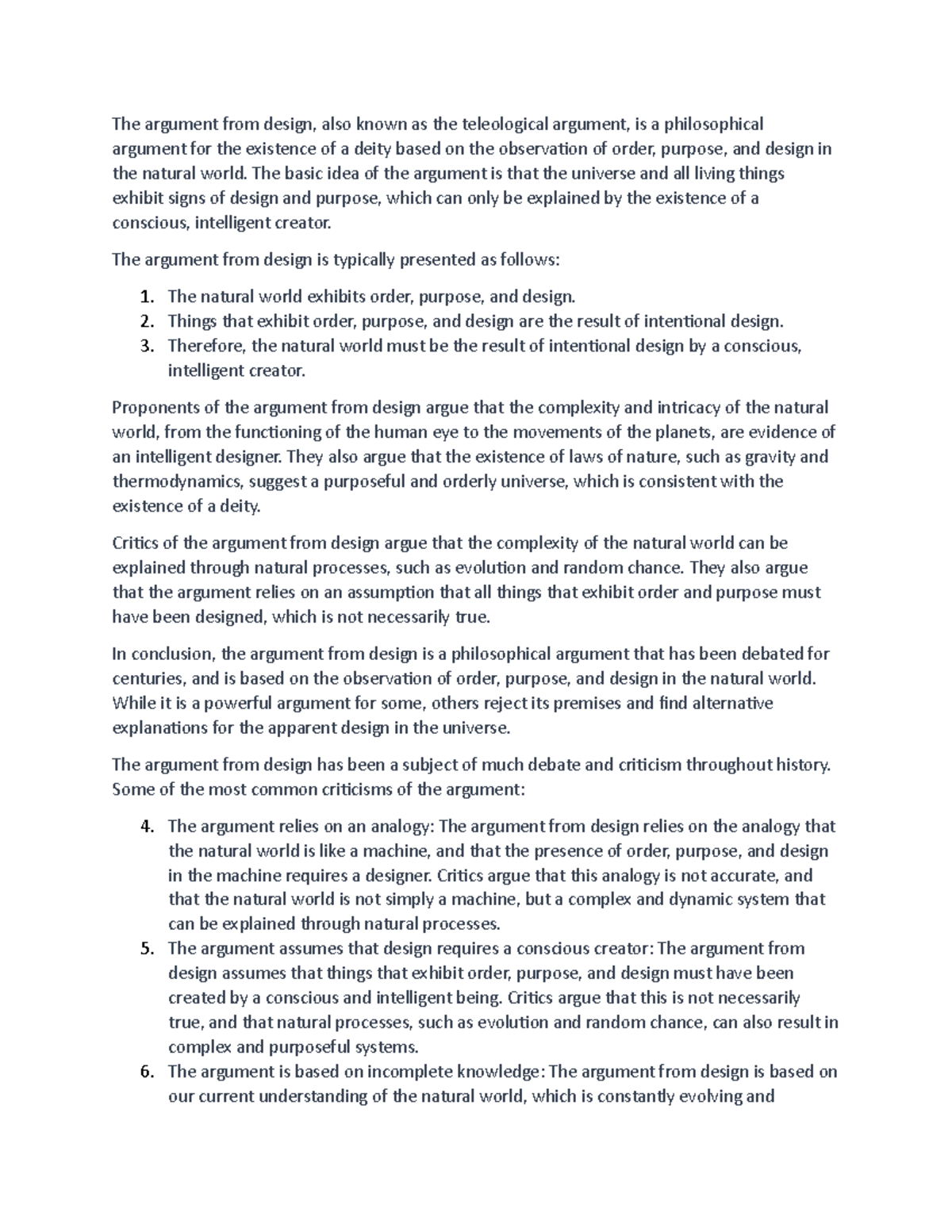 Arguement for design - Summary and Critiques - The argument from design ...