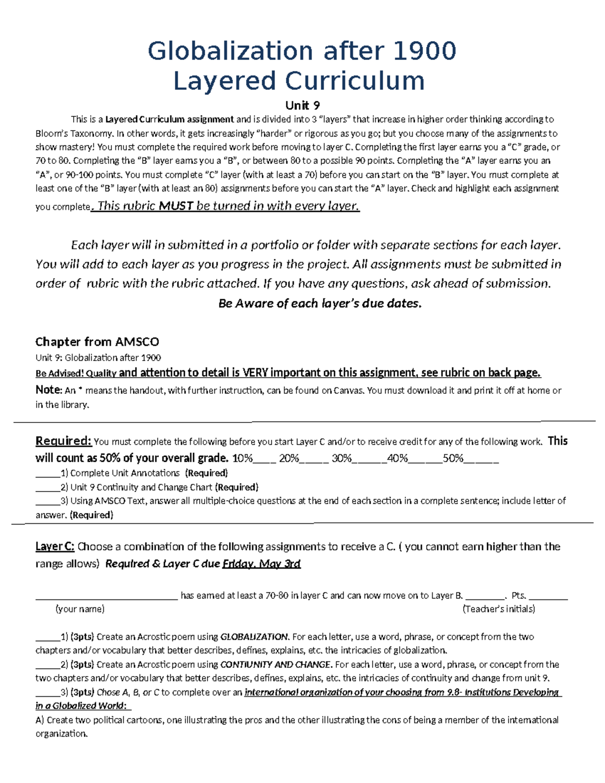 Layered Curriculum Unit 9-1 - Globalization after 1900 Layered ...