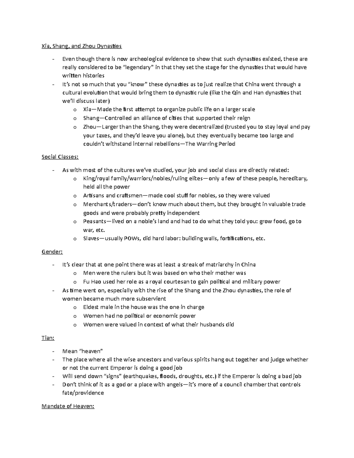Yellow River Valley Notes - Xia, Shang, and Zhou Dynasties Even though ...
