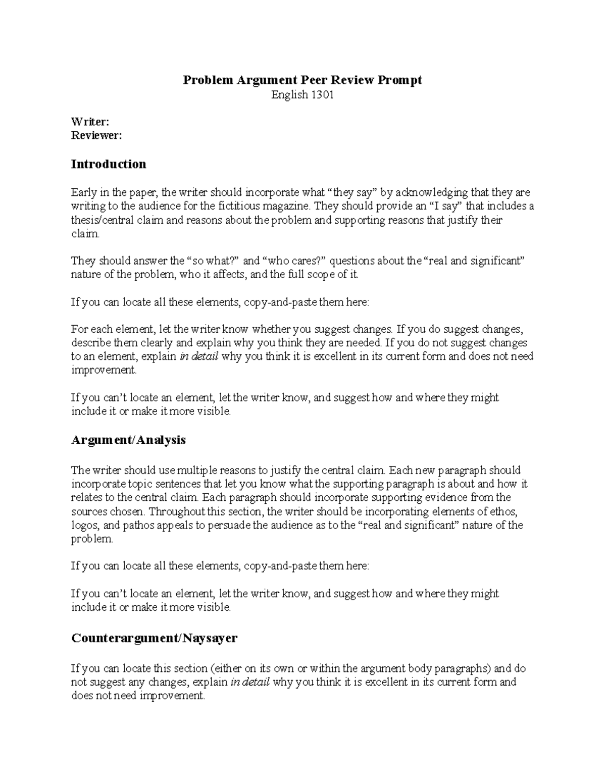 Problem Argument Peer Review Prompt - Problem Argument Peer Review ...