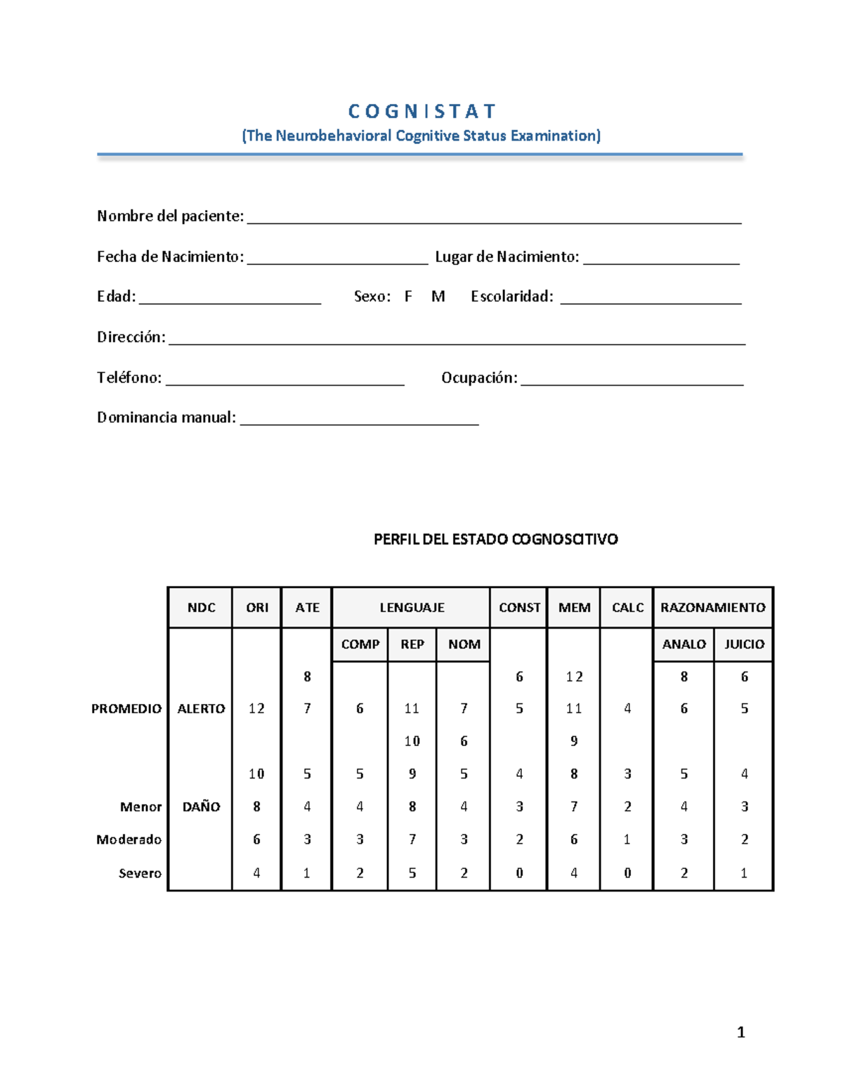 Cognistat - Protocolo de evaluación neuropsicológica - C O G N I S T A ...