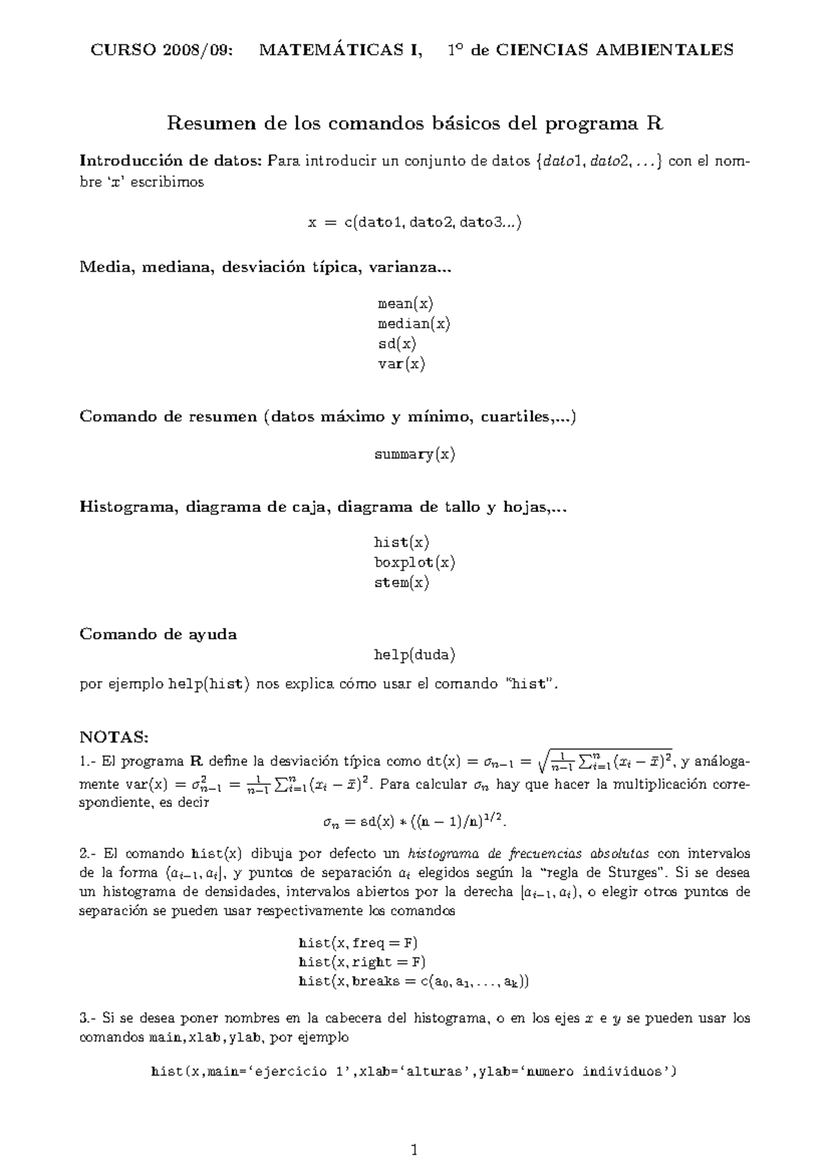 Comandos de R - CURSO 2008/09: MATEMATICAS I, ́ 1 ode CIENCIAS ...