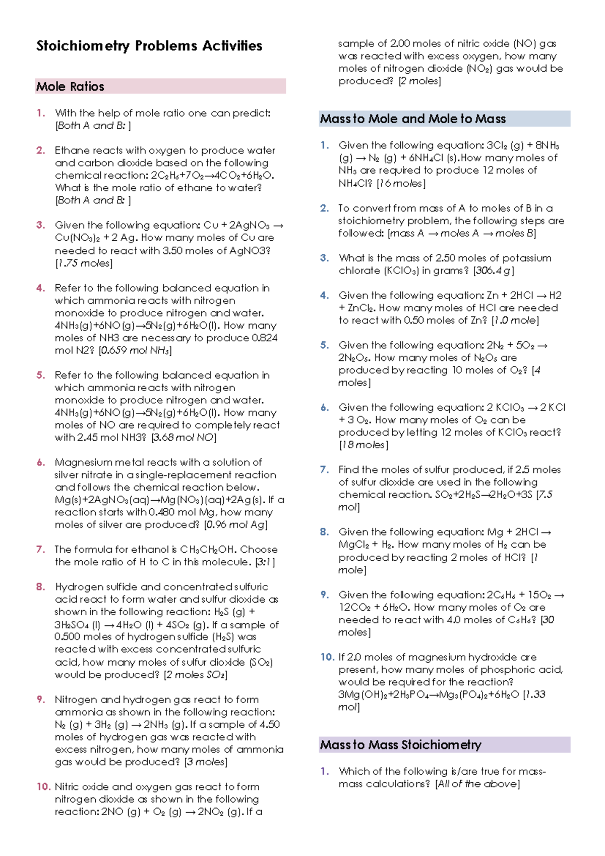 W16.3 Stoichiometry Problems Activities - Stoichiometry Problems ...