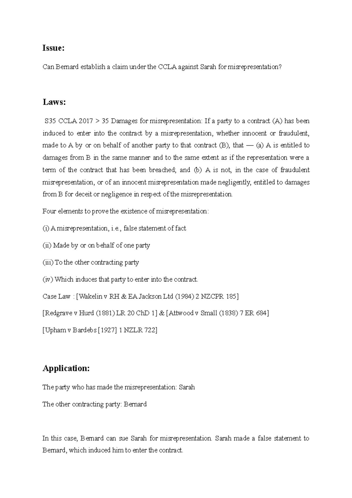 Aropa 2 - Issue: Can Bernard establish a claim under the CCLA against ...