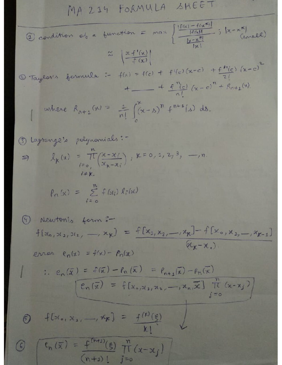 MA 214 formula sheet - list of important equations and methods (incomplete) - Numerical Analysis ...