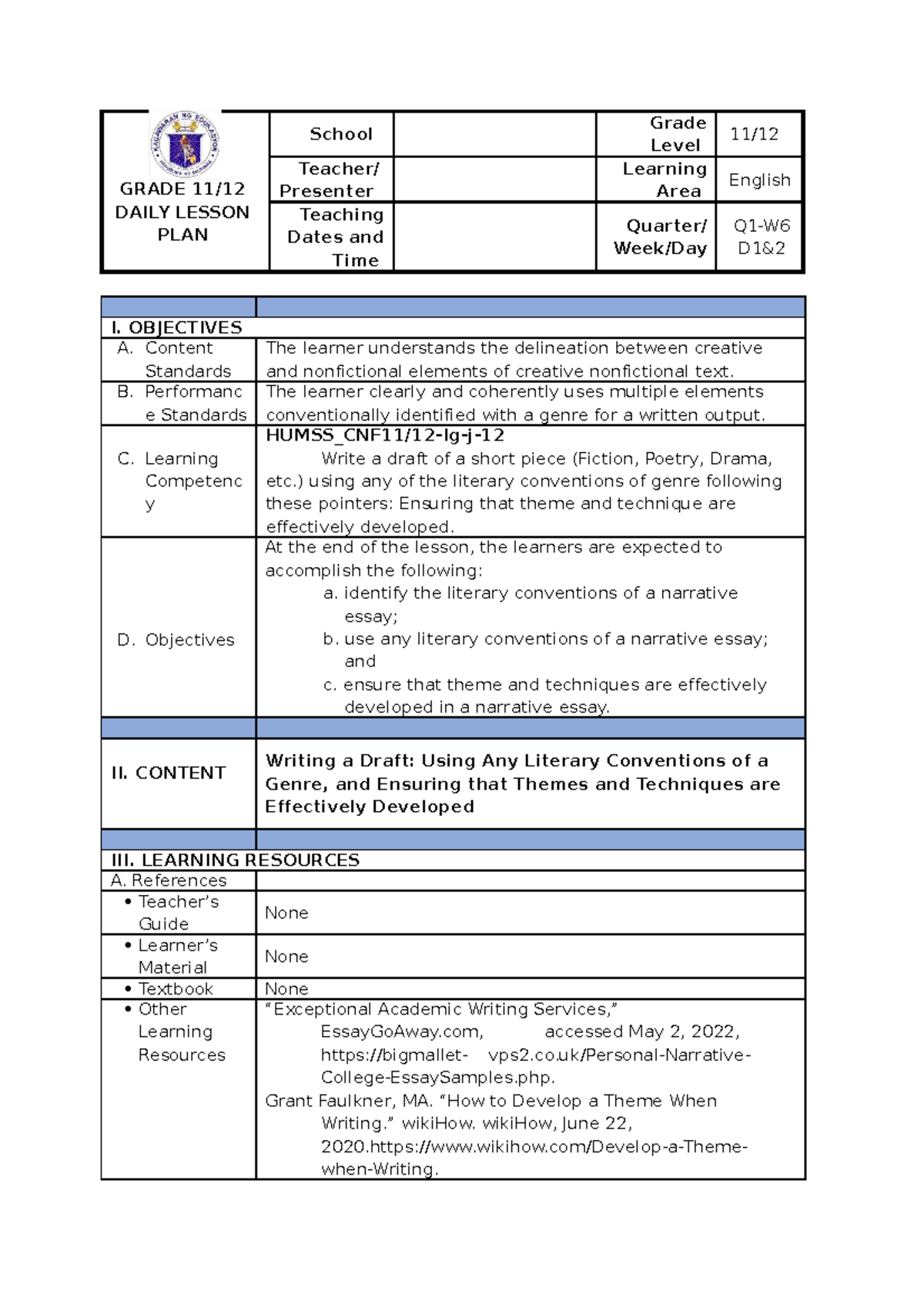 Creativenonfiction-11 12-Q1-W6-D1 2 - GRADE 11/ DAILY LESSON PLAN ...