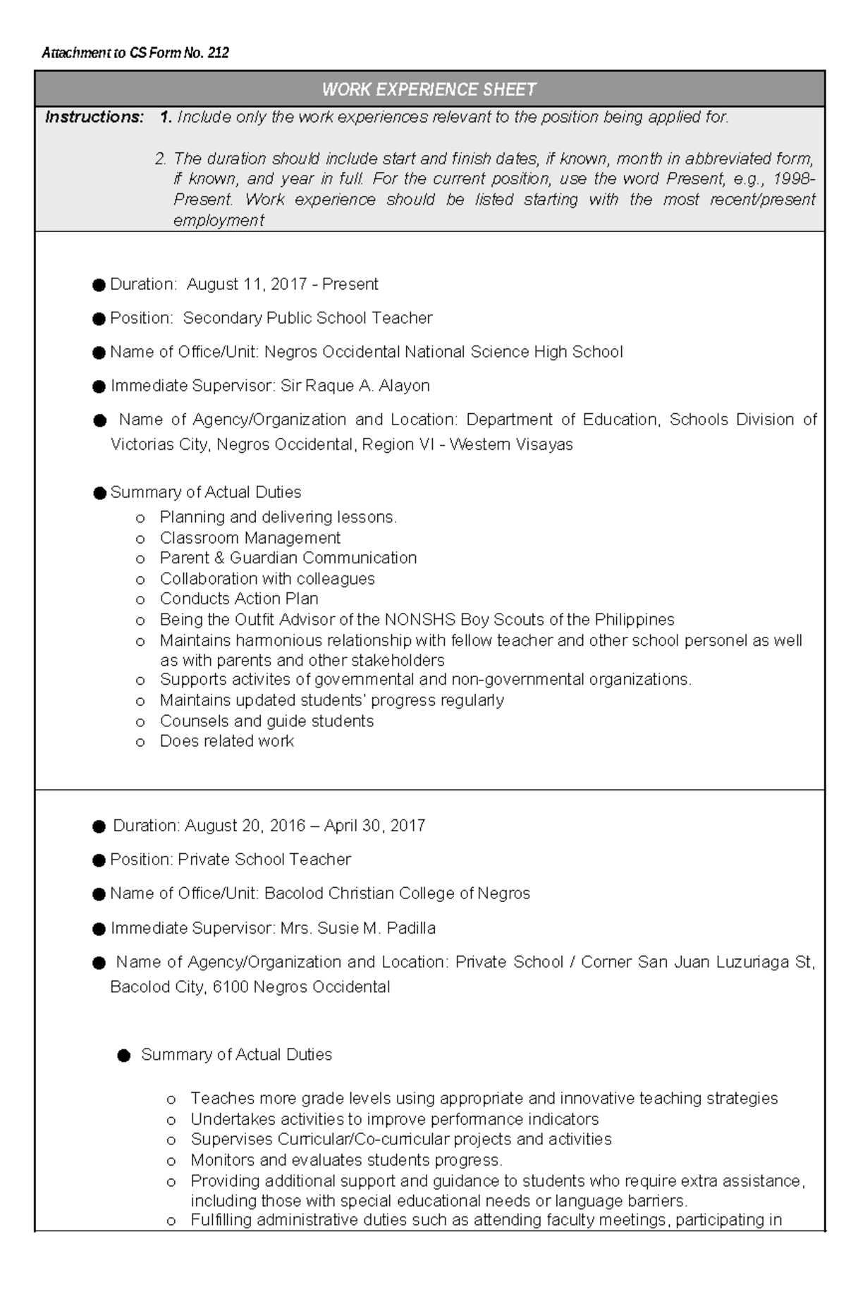 Work-Experience-Sheet-CS-Form-No.-212-Attachment - WORK EXPERIENCE ...