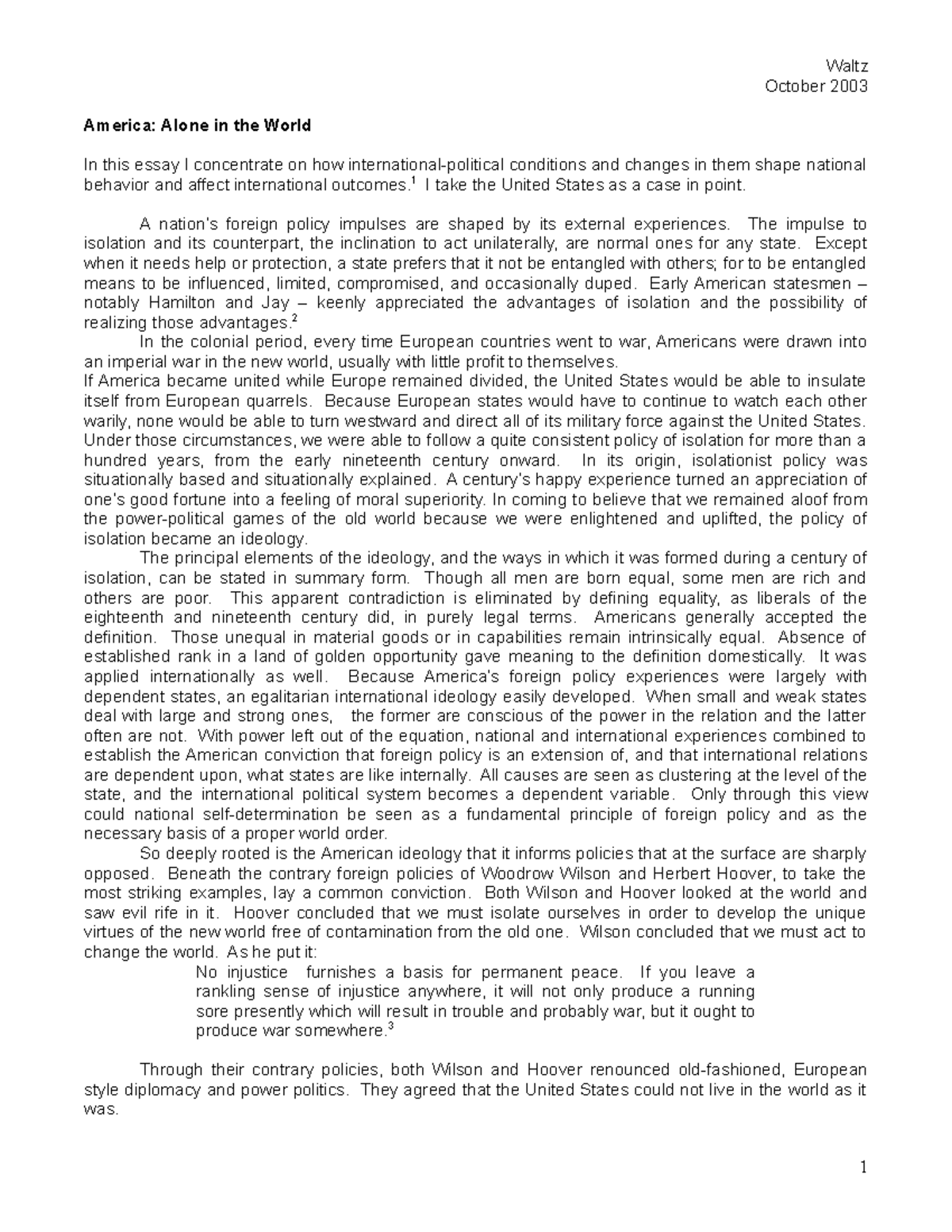 Kenneth Waltz - America Alone draft - Waltz October 2003 America: Alone ...