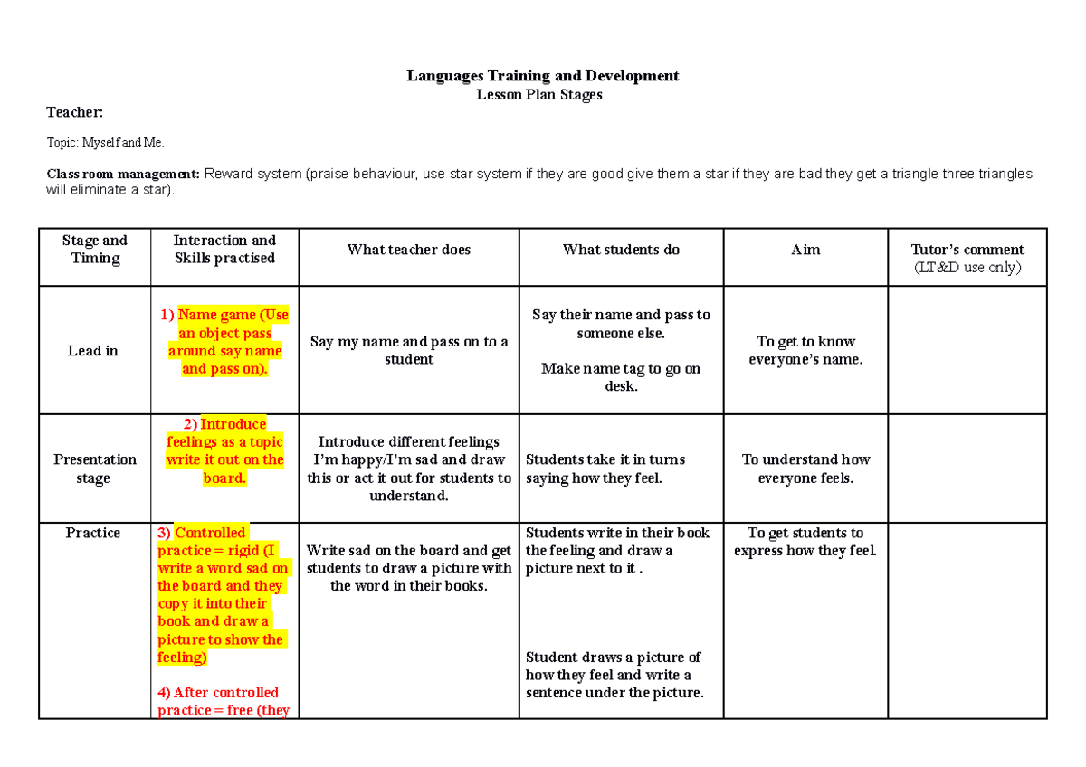 Week 2 lesson plan - Languages Training and Development Lesson Plan ...