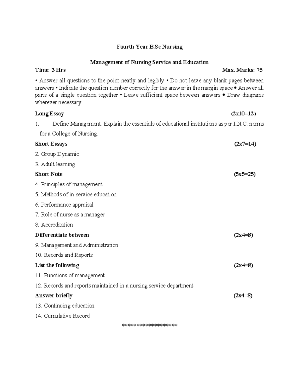 Management Question paper - Fourth Year B Nursing Management of Nursing ...