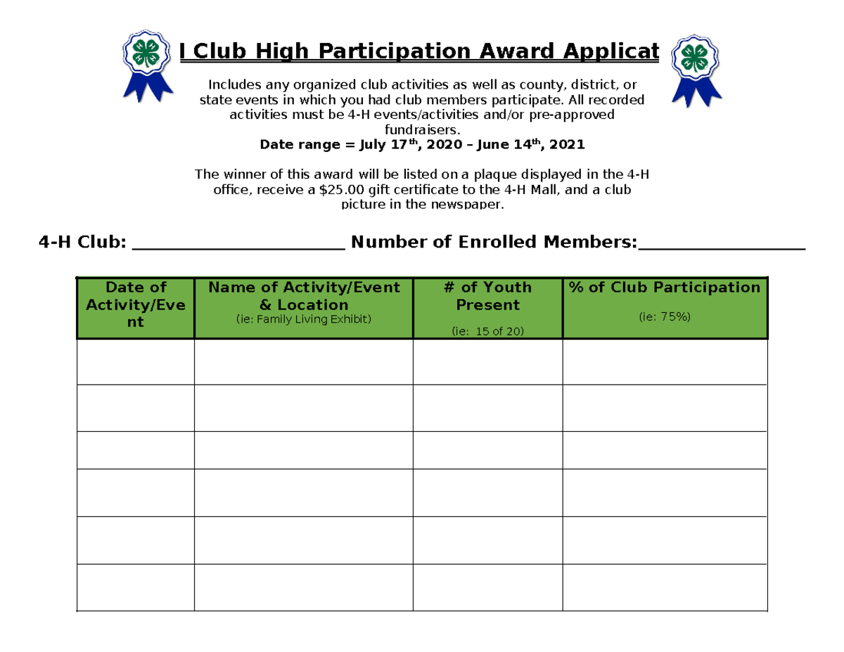 Club participation award application 2020 - 4-H Club High Participation Award Application 4-H ...