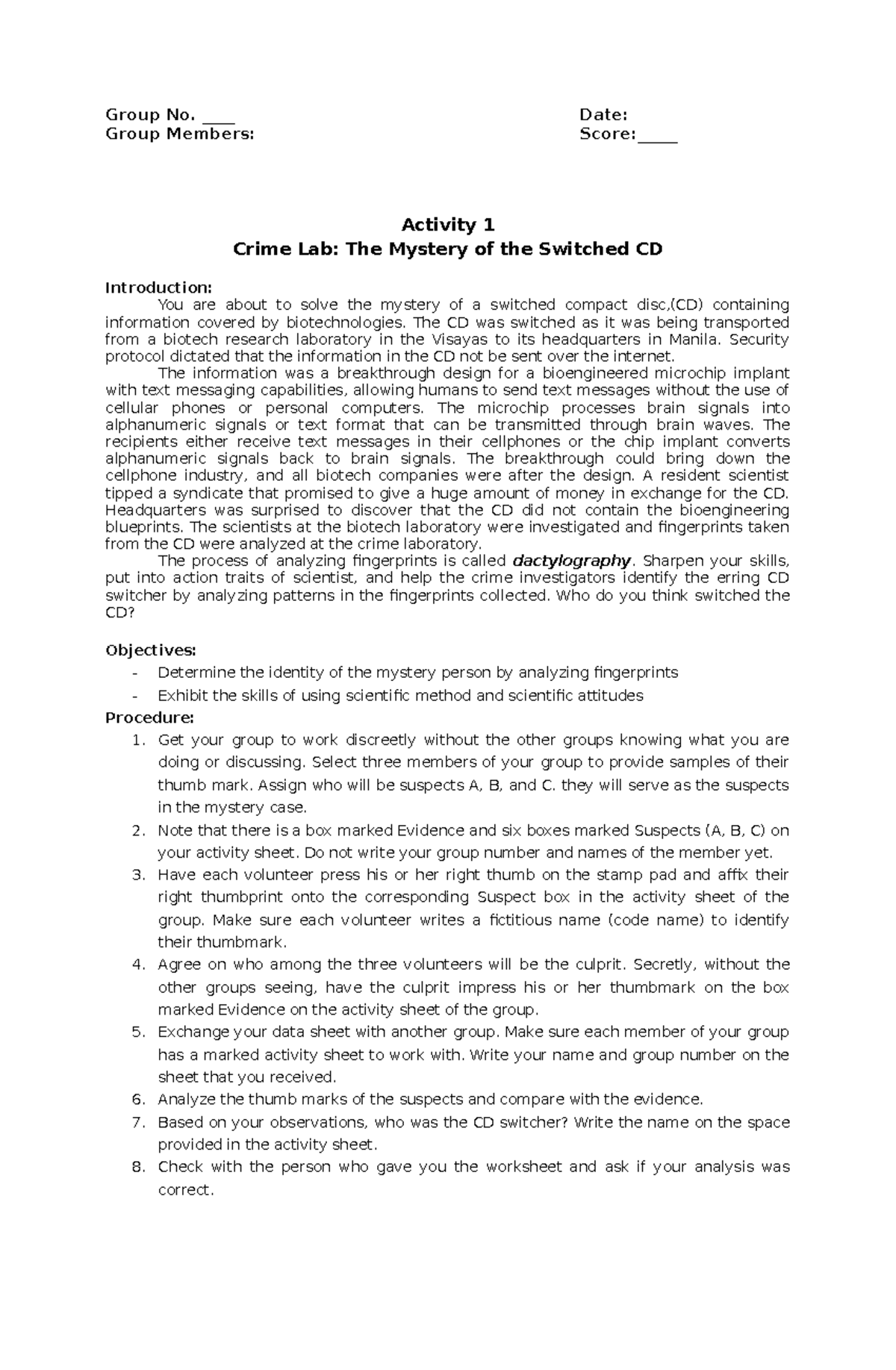 1st Q activity 1 sci. method crime Lab - Group No. ____ Date: Group ...