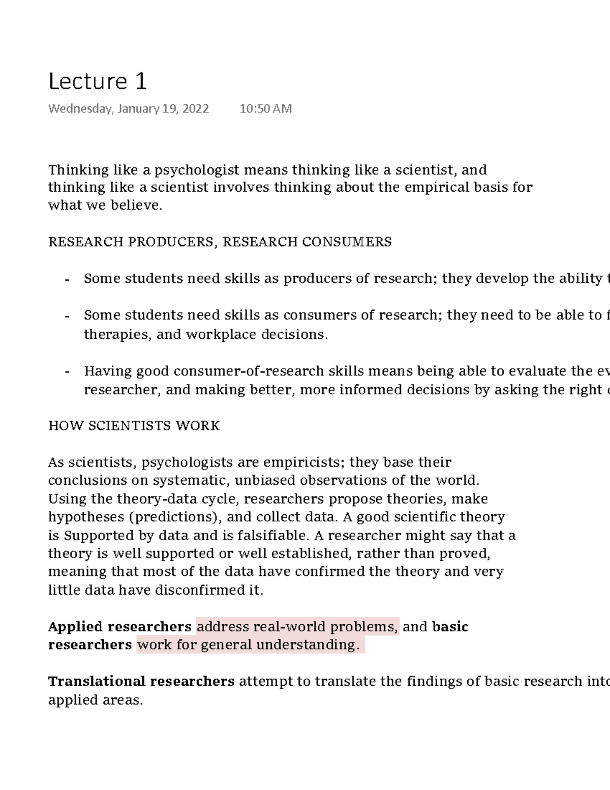 Lecture 1 - Specific notes for Experimental Research Methods psychology ...
