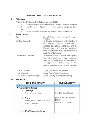 DLP 7 Q4 Week 1 - A Detailed Lesson Plan in Mathematics 7 I. Objectives ...