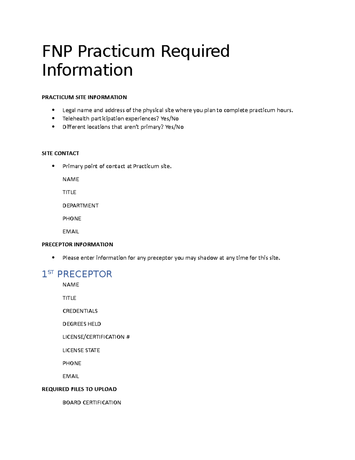 Practicum Required Information - NR-511 - Chamberlain University - Studocu