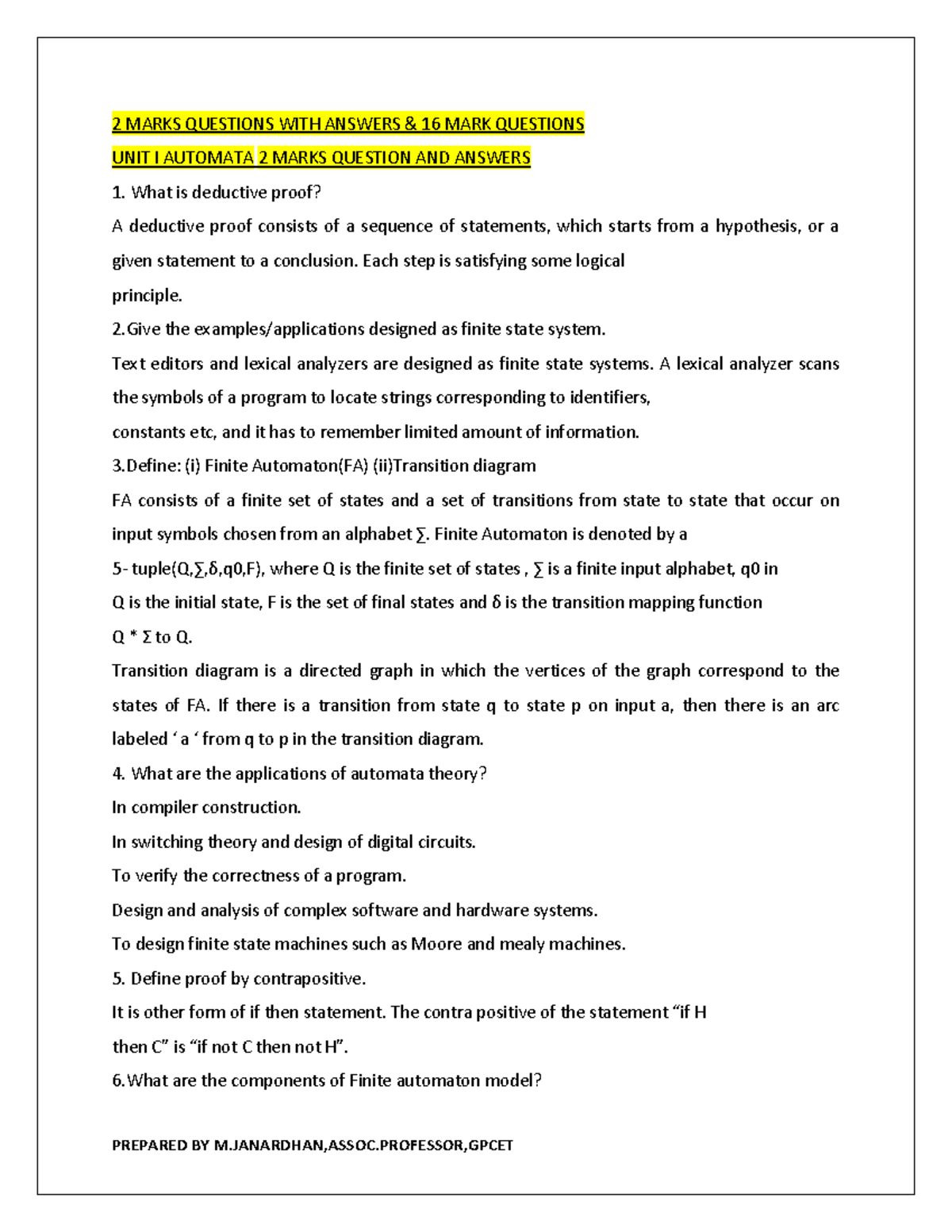 Tutorial questions 2 CMP 317 - 2 MARKS QUESTIONS WITH ANSWERS & 16 MARK ...