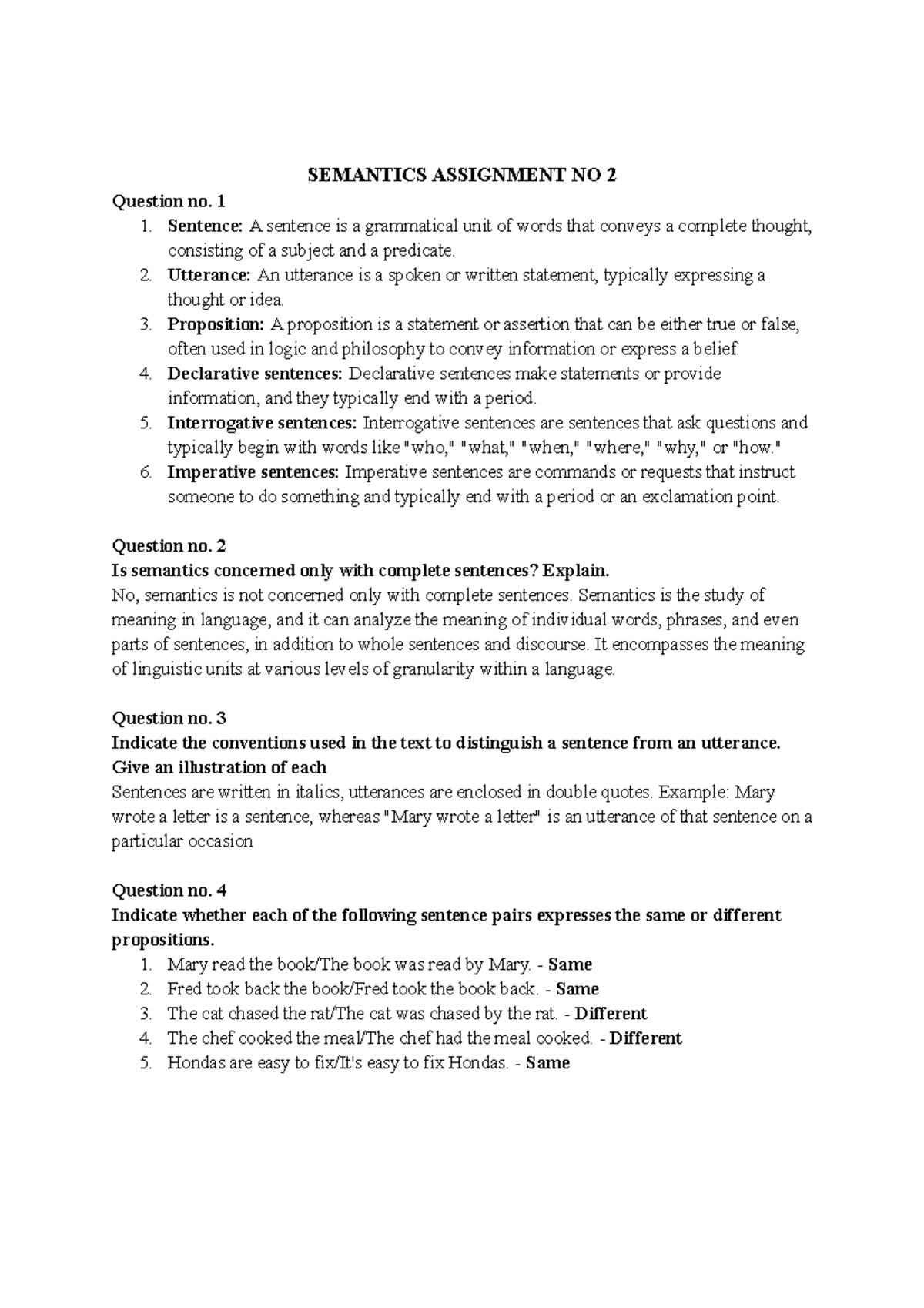 Semantics assigmnet 2 - SEMANTICS ASSIGNMENT NO 2 Question no. 1 1. Sentence: A sentence is a ...