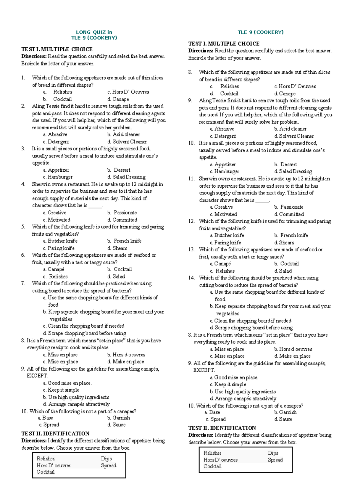 1ST- Quarter-LONG-QUIZ-in-TLE-9 - LONG QUIZ in TLE 9 (COOKERY) TEST I ...